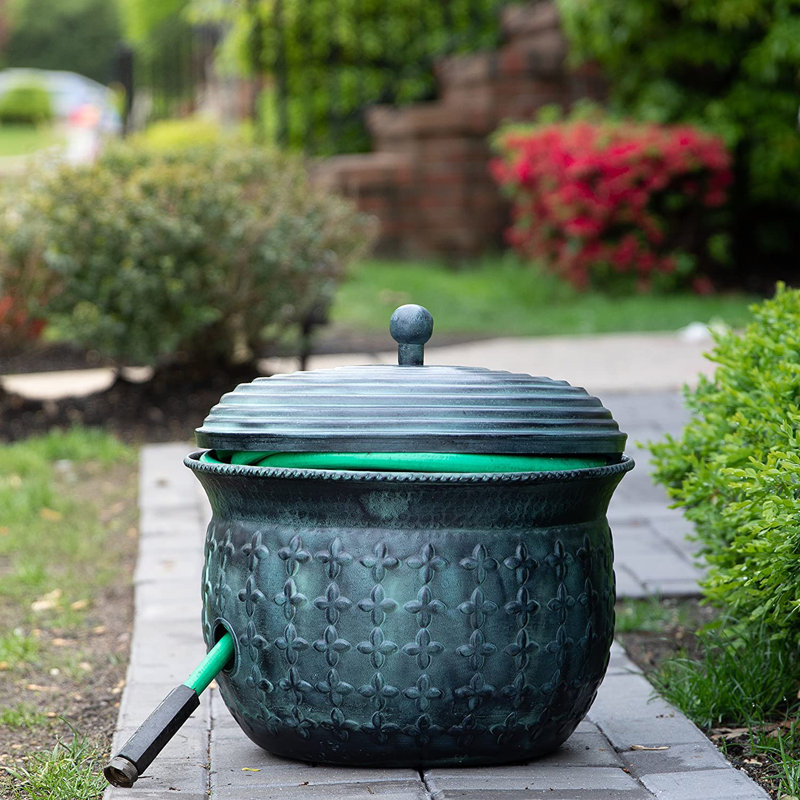 One Allium Way® Coury Garden Hose Holder Storage Pot Copper With Lid Antique Green Finish